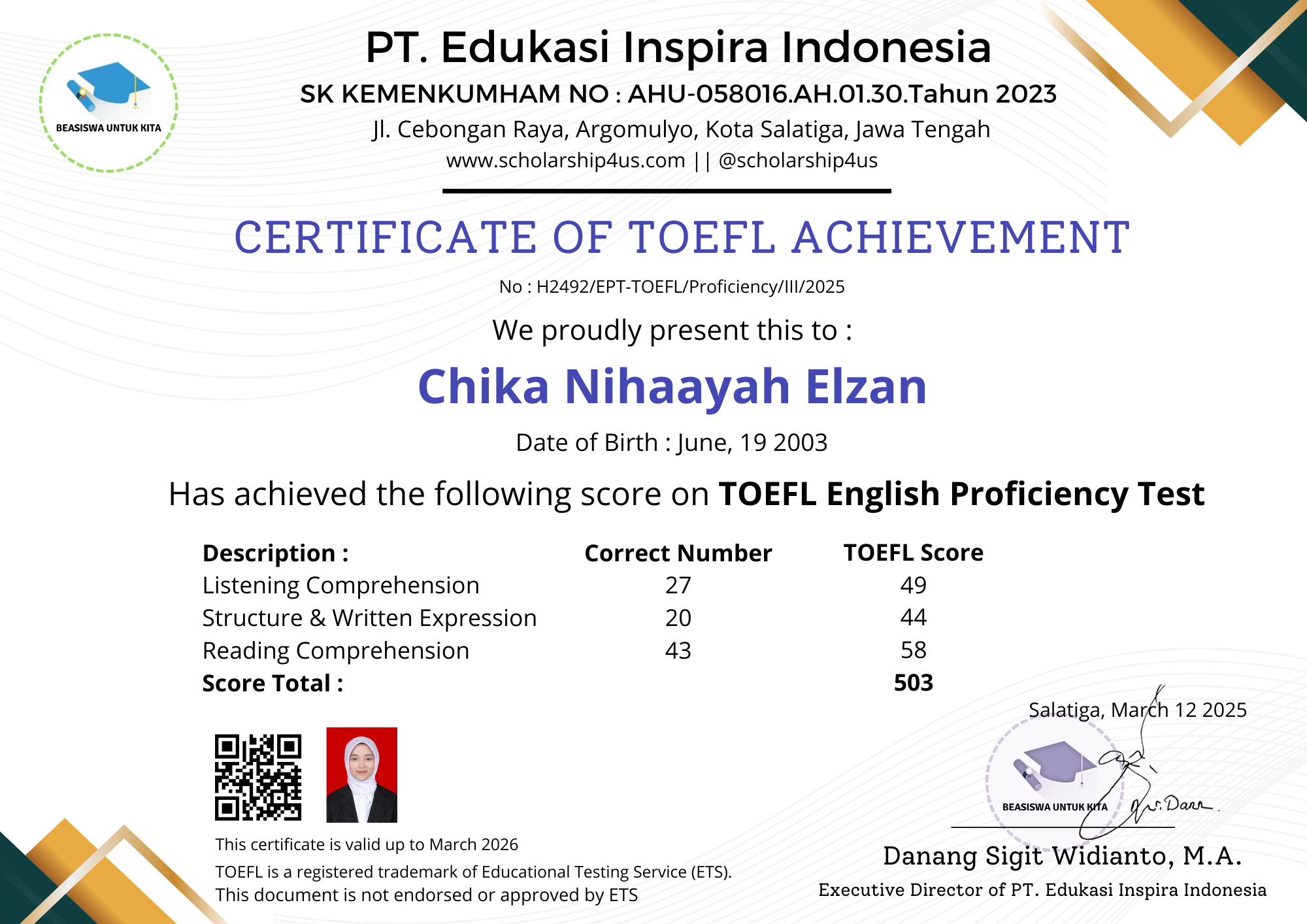 Sertifikat TOEFL-Chika Nihaayah Elzan – Cek Keabsahan Sertifikat Kompetensi